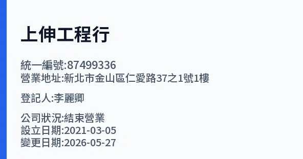 上伸工程行的照片-統編 87499336(新北市) 公司登記資料與營業項目詳細圖表