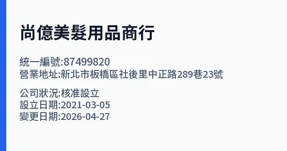 尚億美髮用品商行的照片-統編 87499820(新北市) 公司登記資料與營業項目詳細圖表