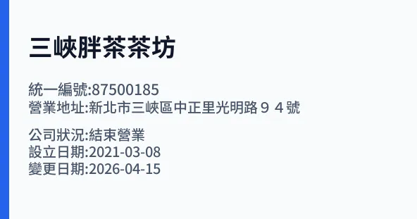 三峽胖茶茶坊的照片-統編 87500185(新北市) 公司登記資料與營業項目詳細圖表