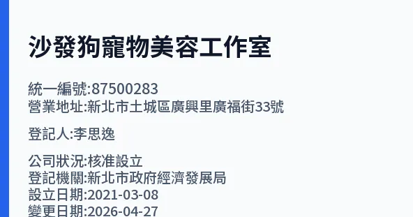 沙發狗寵物美容工作室的照片-統編 87500283(新北市) 公司登記資料與營業項目詳細圖表