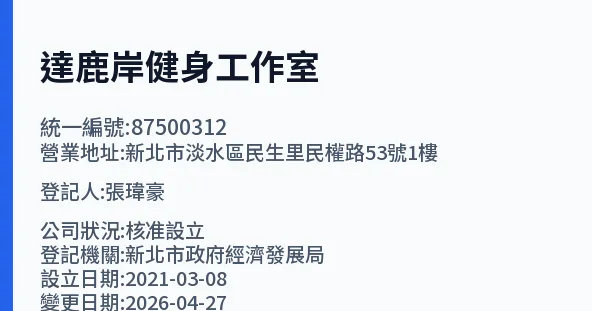 達鹿岸健身工作室的照片-統編 87500312(新北市) 公司登記資料與營業項目詳細圖表