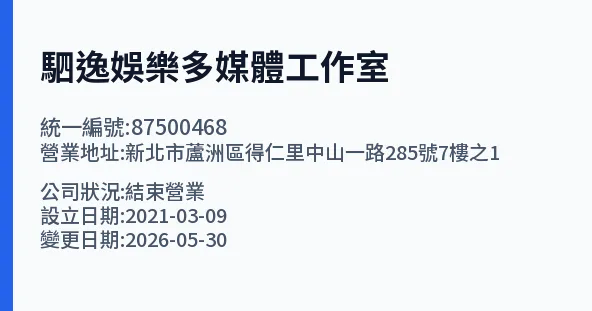 駟逸娛樂多媒體工作室的照片-統編 87500468(新北市) 公司登記資料與營業項目詳細圖表