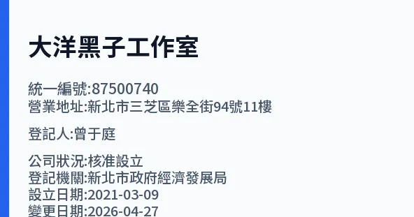 大洋黑子工作室的照片-統編 87500740(新北市) 公司登記資料與營業項目詳細圖表