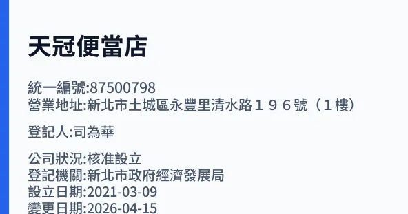 天冠便當店的照片-統編 87500798(新北市) 公司登記資料與營業項目詳細圖表