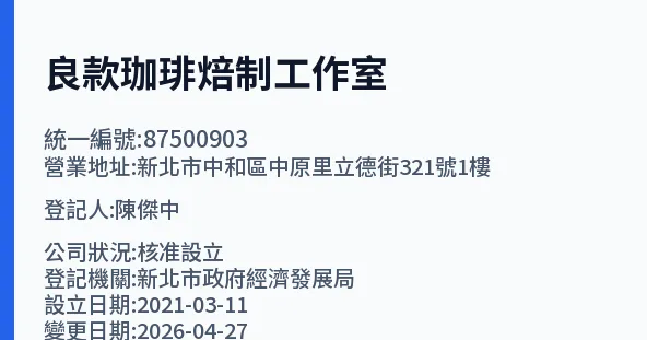 良款珈琲焙制工作室的照片-統編 87500903(新北市) 公司登記資料與營業項目詳細圖表