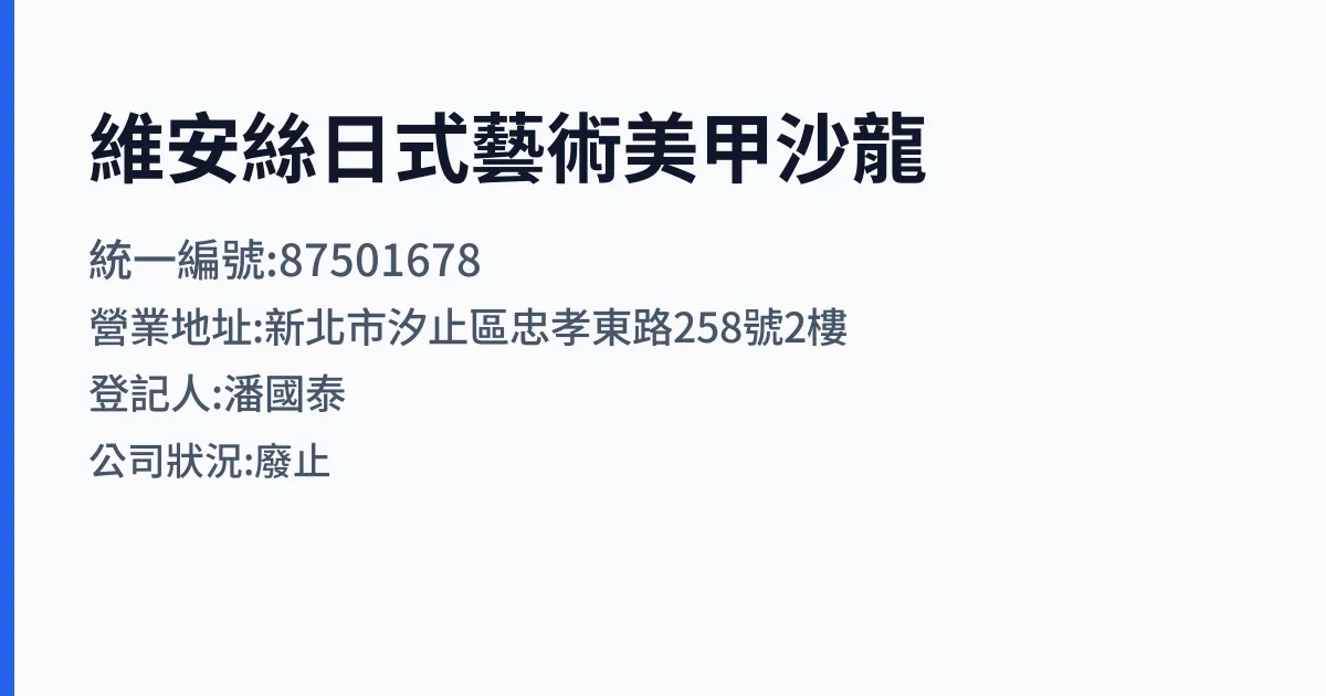 維安絲日式藝術美甲沙龍 - 統編 87501678(新北市) 公司登記資料與營業項目詳細圖表
