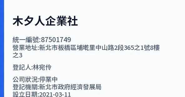 木夕人企業社的照片-統編 87501749(新北市) 公司登記資料與營業項目詳細圖表