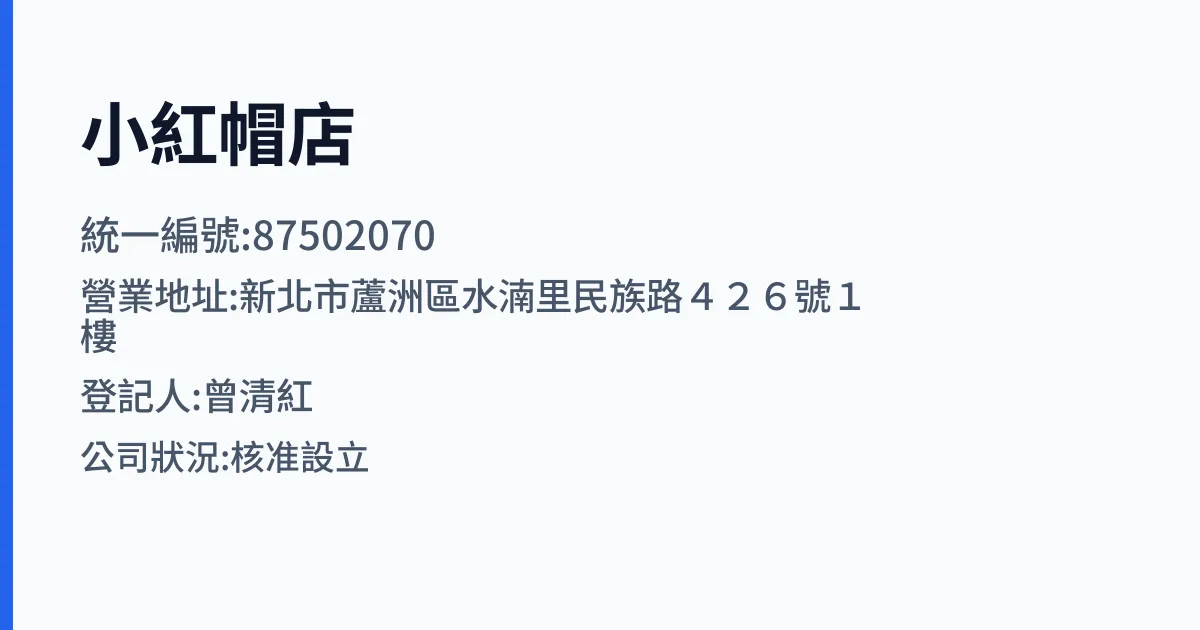 小紅帽店 - 統編 87502070(新北市) 公司登記資料與營業項目詳細圖表