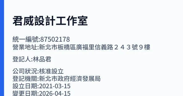 君威設計工作室的照片-統編 87502178(新北市) 公司登記資料與營業項目詳細圖表