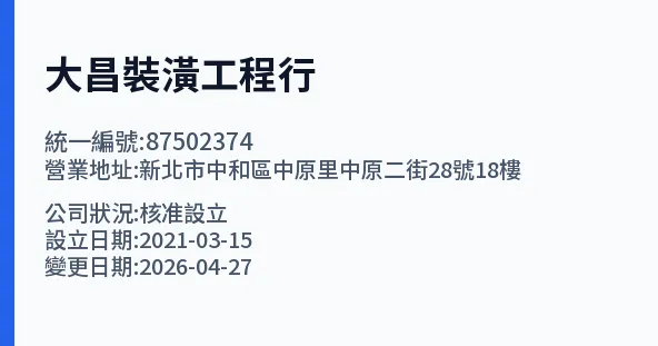 大昌裝潢工程行的照片-統編 87502374(新北市) 公司登記資料與營業項目詳細圖表
