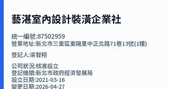 藝湛室內設計裝潢企業社的照片-統編 87502959(新北市) 公司登記資料與營業項目詳細圖表