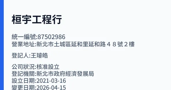 桓宇工程行的照片-統編 87502986(新北市) 公司登記資料與營業項目詳細圖表