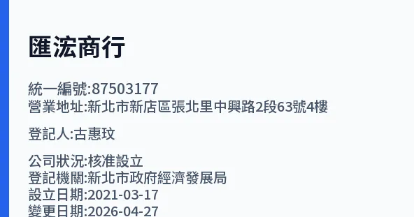 匯浤商行的照片-統編 87503177(新北市) 公司登記資料與營業項目詳細圖表