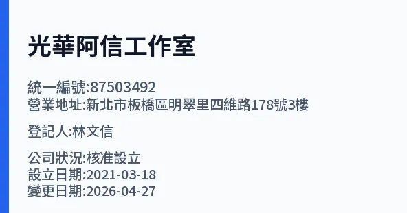光華阿信工作室的照片-統編 87503492(新北市) 公司登記資料與營業項目詳細圖表