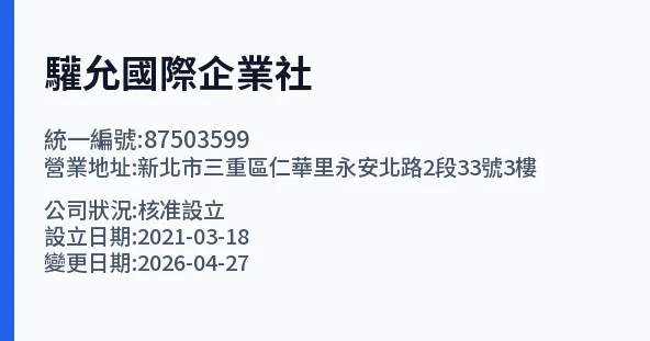 驩允國際企業社的照片-統編 87503599(新北市) 公司登記資料與營業項目詳細圖表