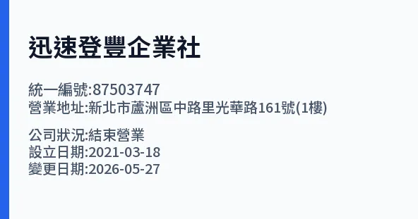 迅速登豐企業社的照片-統編 87503747(新北市) 公司登記資料與營業項目詳細圖表