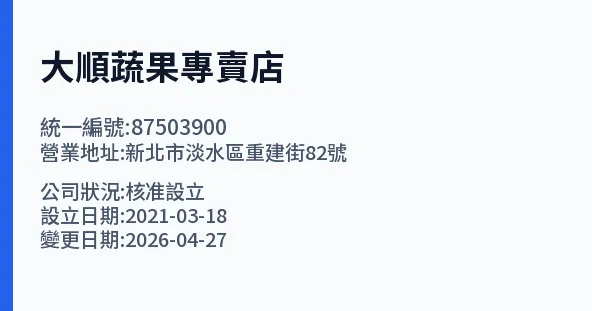 大順蔬果專賣店的照片-統編 87503900(新北市) 公司登記資料與營業項目詳細圖表