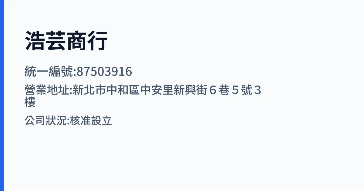 浩芸商行 - 統編 87503916(新北市) 公司登記資料與營業項目詳細圖表