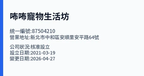 咘咘寵物生活坊的照片-統編 87504210(新北市) 公司登記資料與營業項目詳細圖表