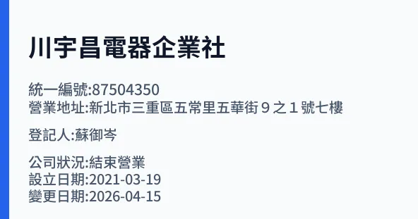 川宇昌電器企業社的照片-統編 87504350(新北市) 公司登記資料與營業項目詳細圖表