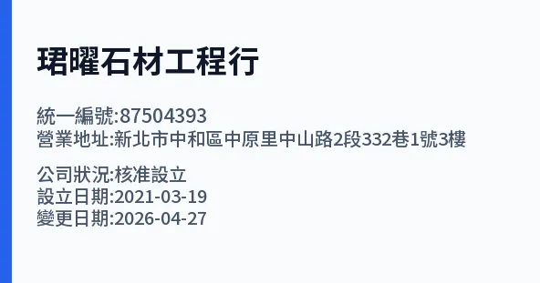 珺曜石材工程行的照片-統編 87504393(新北市) 公司登記資料與營業項目詳細圖表