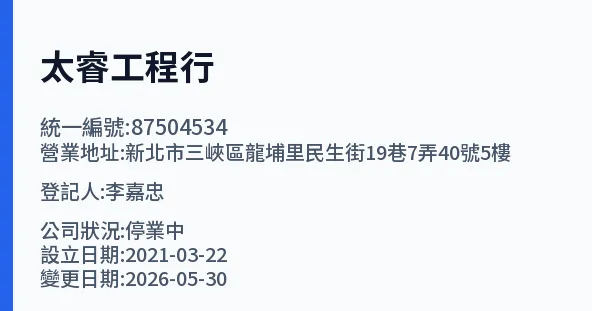 太睿工程行的照片-統編 87504534(新北市) 公司登記資料與營業項目詳細圖表
