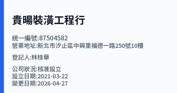 貴暘裝潢工程行的照片-統編 87504582(新北市) 公司登記資料與營業項目詳細圖表