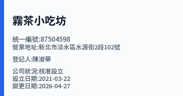 霧茶小吃坊的照片-統編 87504598(新北市) 公司登記資料與營業項目詳細圖表