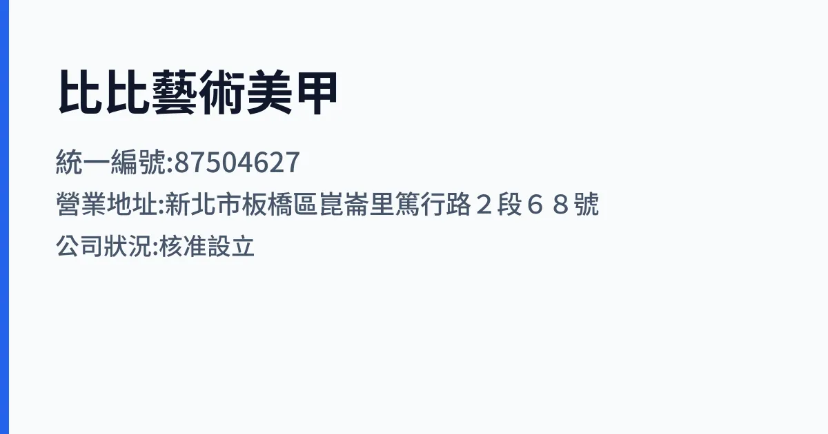 比比藝術美甲 - 統編 87504627(新北市) 公司登記資料與營業項目詳細圖表