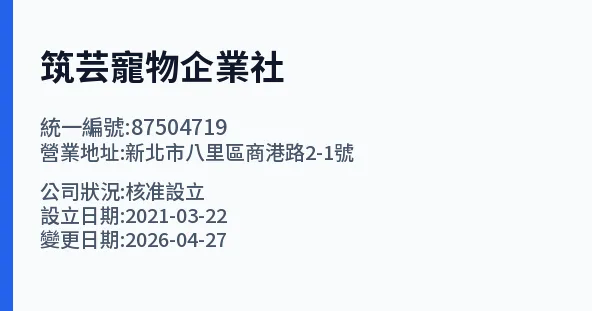 筑芸寵物企業社的照片-統編 87504719(新北市) 公司登記資料與營業項目詳細圖表