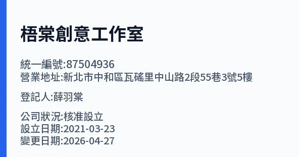 梧棠創意工作室的照片-統編 87504936(新北市) 公司登記資料與營業項目詳細圖表
