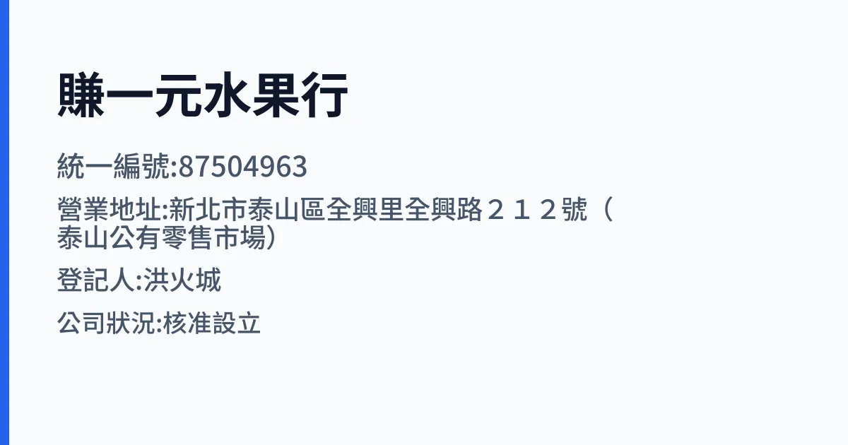 賺一元水果行 - 統編 87504963(新北市) 公司登記資料與營業項目詳細圖表
