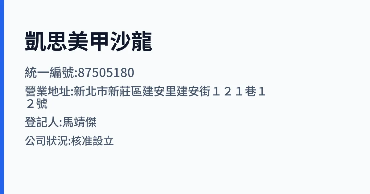 凱思美甲沙龍 - 統編 87505180(新北市) 公司登記資料與營業項目詳細圖表