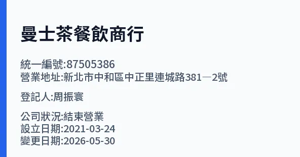 曼士茶餐飲商行的照片-統編 87505386(新北市) 公司登記資料與營業項目詳細圖表