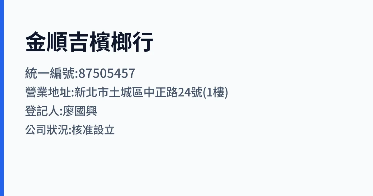 金順吉檳榔行 - 統編 87505457(新北市) 公司登記資料與營業項目詳細圖表