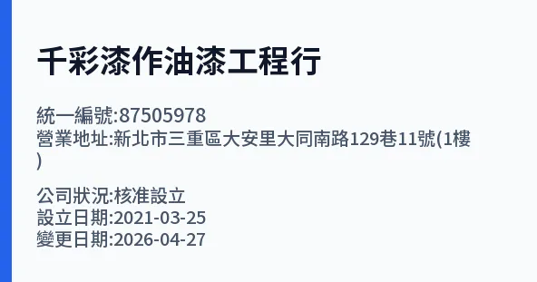 千彩漆作油漆工程行的照片-統編 87505978(新北市) 公司登記資料與營業項目詳細圖表