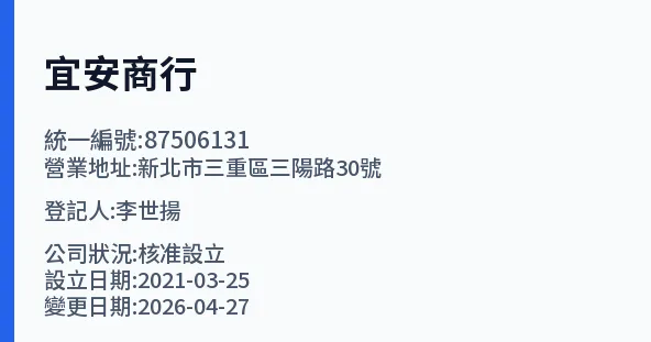 宜安商行的照片-統編 87506131(新北市) 公司登記資料與營業項目詳細圖表