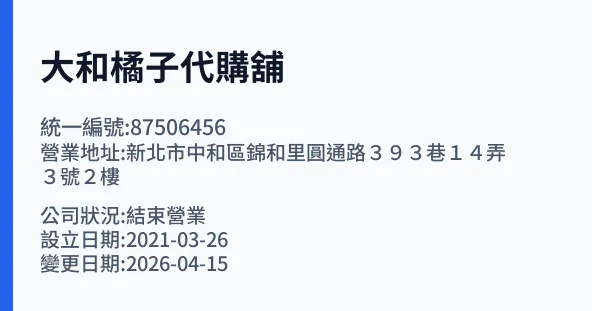 大和橘子代購舖的照片-統編 87506456(新北市) 公司登記資料與營業項目詳細圖表