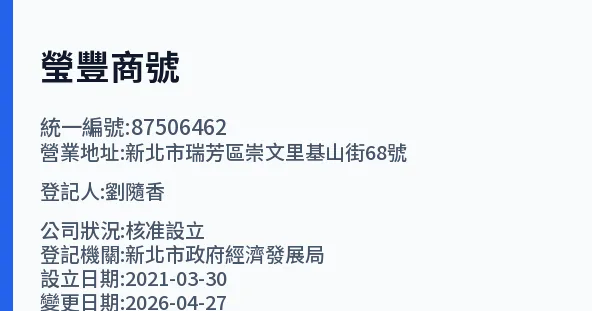 瑩豐商號的照片-統編 87506462(新北市) 公司登記資料與營業項目詳細圖表