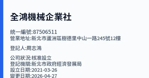 全鴻機械企業社的照片-統編 87506511(新北市) 公司登記資料與營業項目詳細圖表