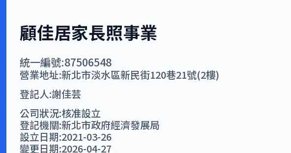 顧佳居家長照事業的照片-統編 87506548(新北市) 公司登記資料與營業項目詳細圖表