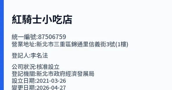 紅騎士小吃店的照片-統編 87506759(新北市) 公司登記資料與營業項目詳細圖表