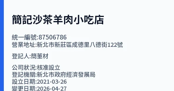 簡記沙茶羊肉小吃店的照片-統編 87506786(新北市) 公司登記資料與營業項目詳細圖表