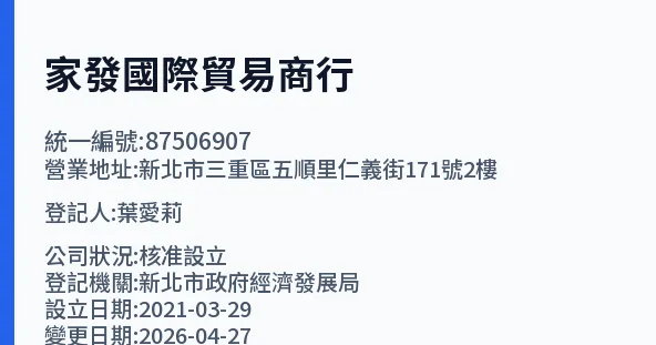家發國際貿易商行的照片-統編 87506907(新北市) 公司登記資料與營業項目詳細圖表