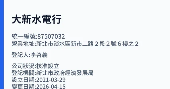 大新水電行的照片-統編 87507032(新北市) 公司登記資料與營業項目詳細圖表