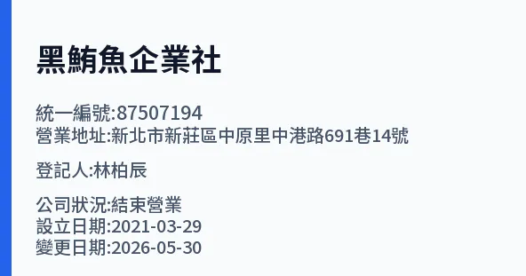 黑鮪魚企業社的照片-統編 87507194(新北市) 公司登記資料與營業項目詳細圖表