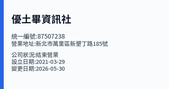 優土畢資訊社的照片-統編 87507238(新北市) 公司登記資料與營業項目詳細圖表