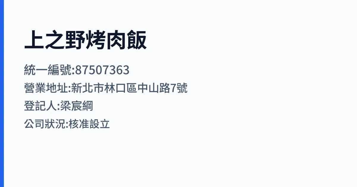 上之野烤肉飯 - 統編 87507363(新北市) 公司登記資料與營業項目詳細圖表