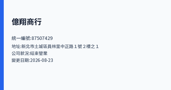 億翔商行的照片-統編 87507429(新北市) 公司登記資料與營業項目詳細圖表