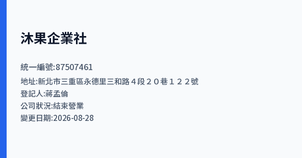 沐果企業社的照片-統編 87507461(新北市) 公司登記資料與營業項目詳細圖表